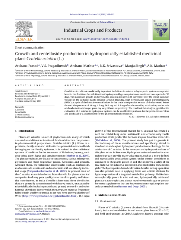 (PDF) Growth and centelloside production in hydroponically established ...