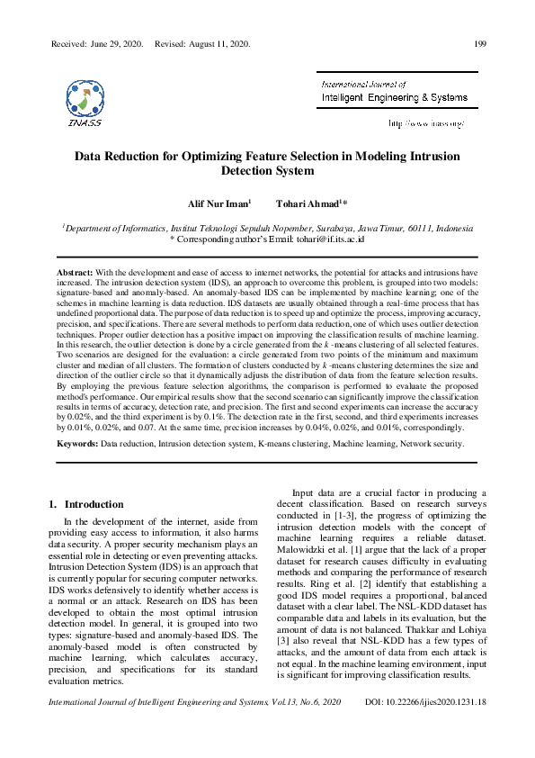 Pdf Data Reduction For Optimizing Feature Selection In Modeling Intrusion Detection System