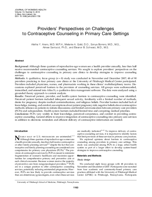 (PDF) Providers' Perspectives on Challenges to Contraceptive Counseling ...