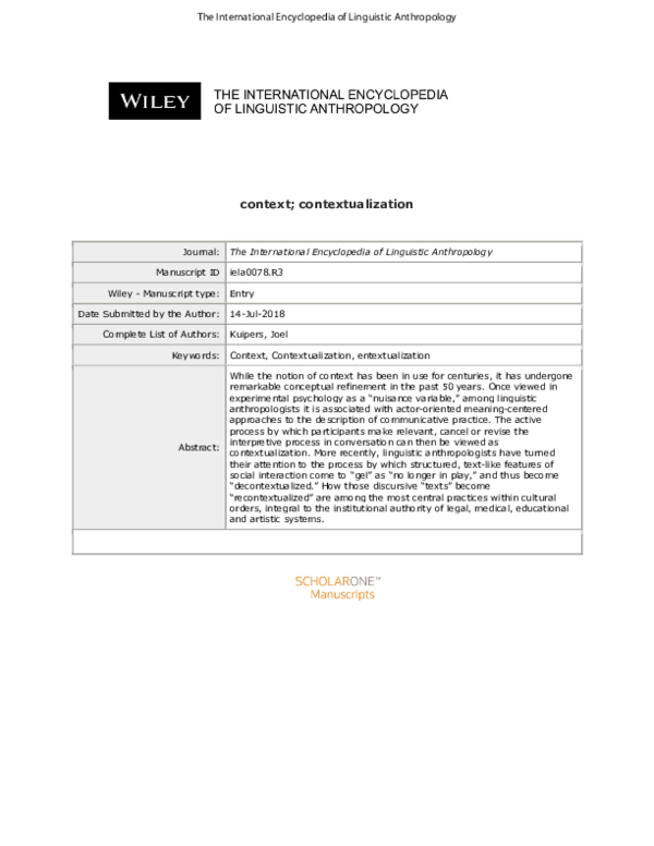 (PDF) Context and Contextualization
