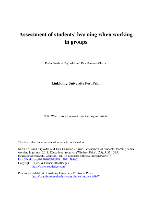 (PDF) Assessment of students' learning when working in groups ...