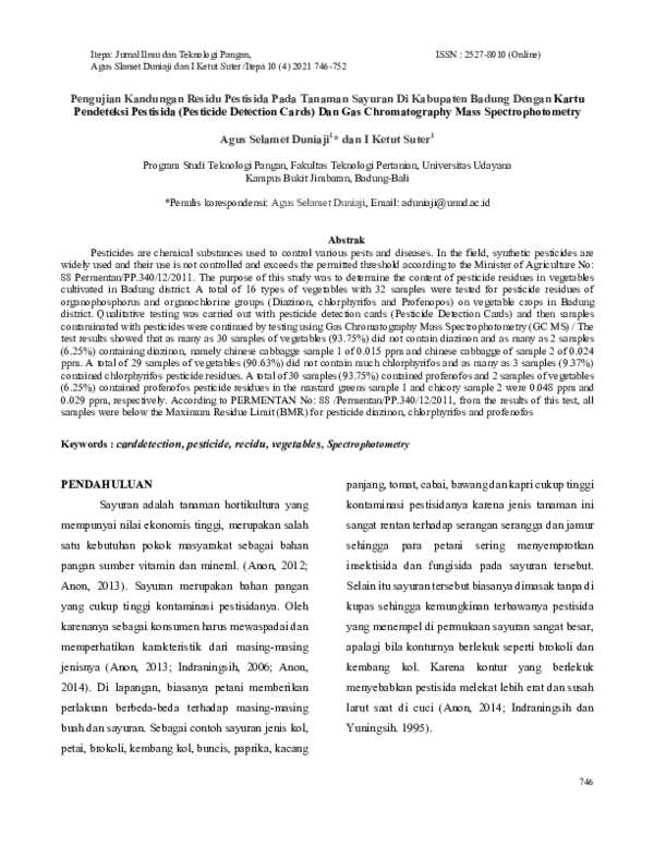 (PDF) Pengujian Kandungan Residu Pestisida Pada Tanaman Sayuran Di ...