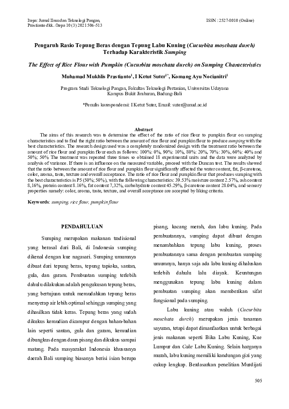 (PDF) Pengaruh Rasio Tepung Beras dengan Tepung Labu Kuning (Cucurbita moschata durch) Terhadap ...
