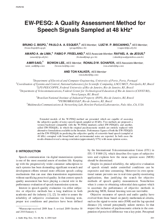 (PDF) EW-PESQ: A Quality Assessment Method for Speech Signals Sampled ...
