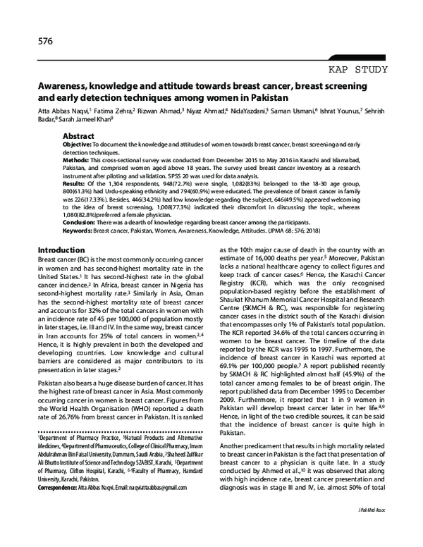 (PDF) Awareness, knowledge and attitude towards breast cancer, breast screening and early ...