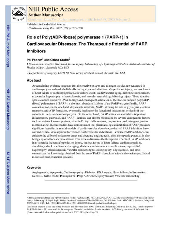 (PDF) Role of Poly(ADP-ribose) polymerase 1 (PARP-1) in Cardiovascular Diseases: The Therapeutic ...