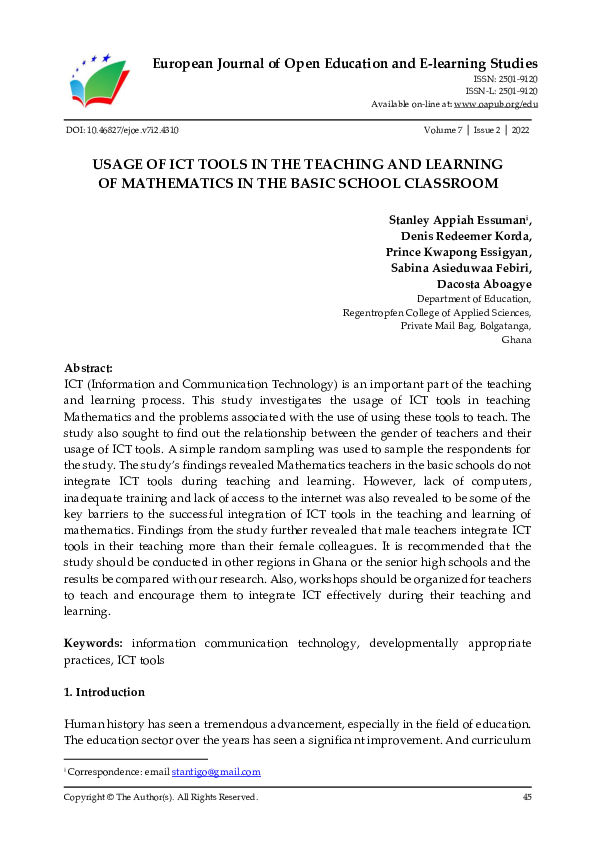 Pdf Usage Of Ict Tools In The Teaching And Learning Of Mathematics In The Basic School Classroom