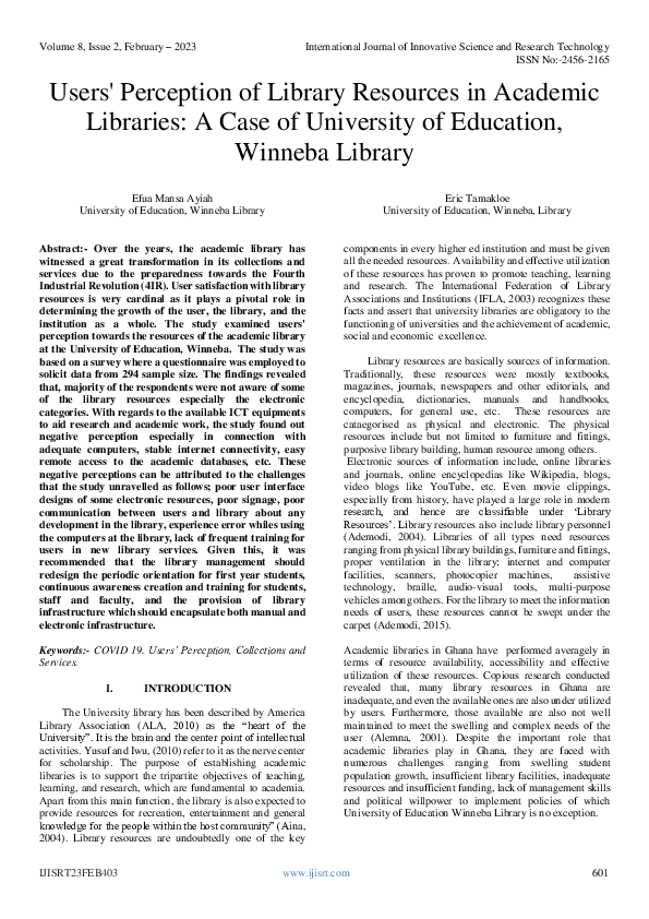 (PDF) Users' Perception of Library Resources in Academic Libraries: A Case of University of ...