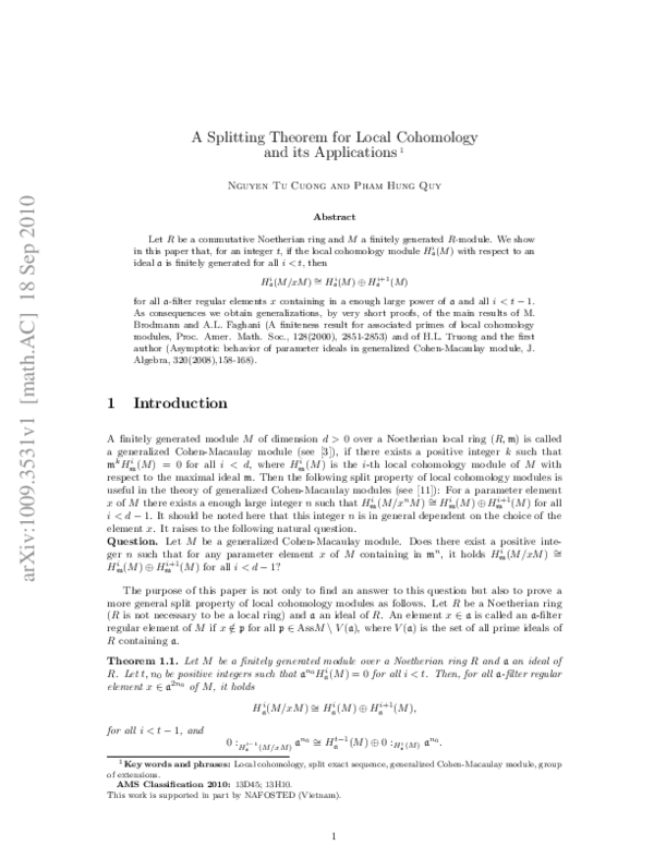 (PDF) A splitting theorem for local cohomology and its applications