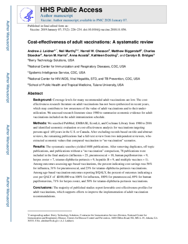 (PDF) Cost-effectiveness of adult vaccinations: A systematic review