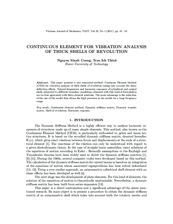 (PDF) Continuous element for vibration analysis of thick shells of ...