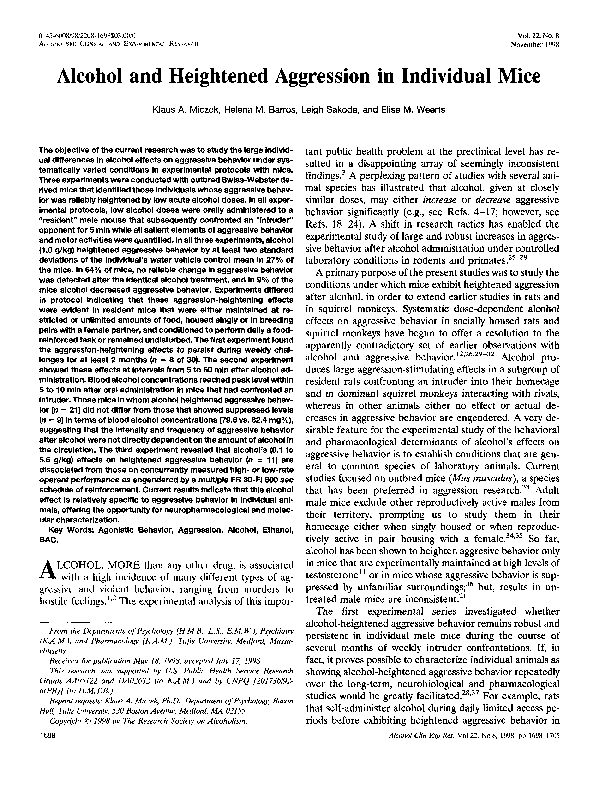 (PDF) Alcohol and Heightened Aggression in Individual Mice