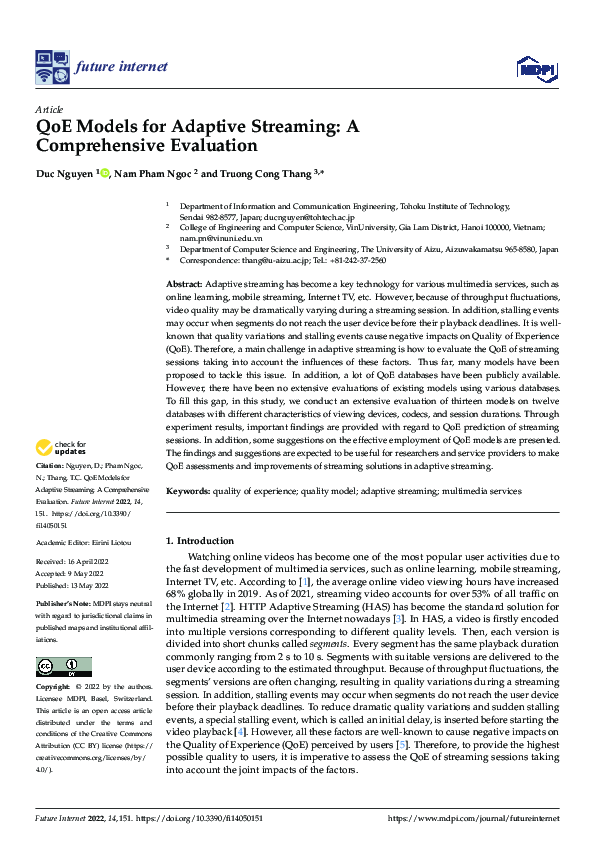 (PDF) QoE Models for Adaptive Streaming: A Comprehensive Evaluation