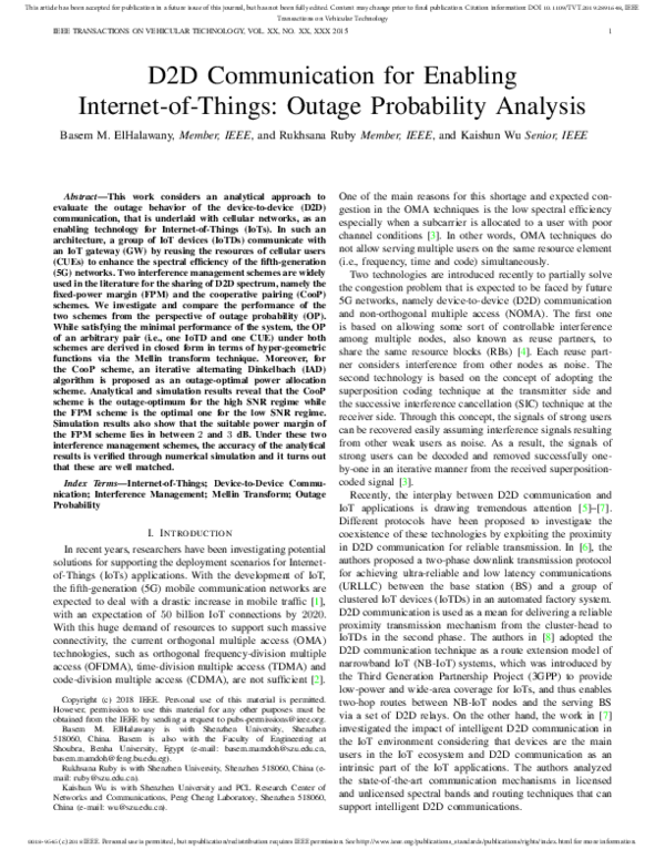 (PDF) D2D Communication for Enabling Internet-of-Things: Outage Probability Analysis