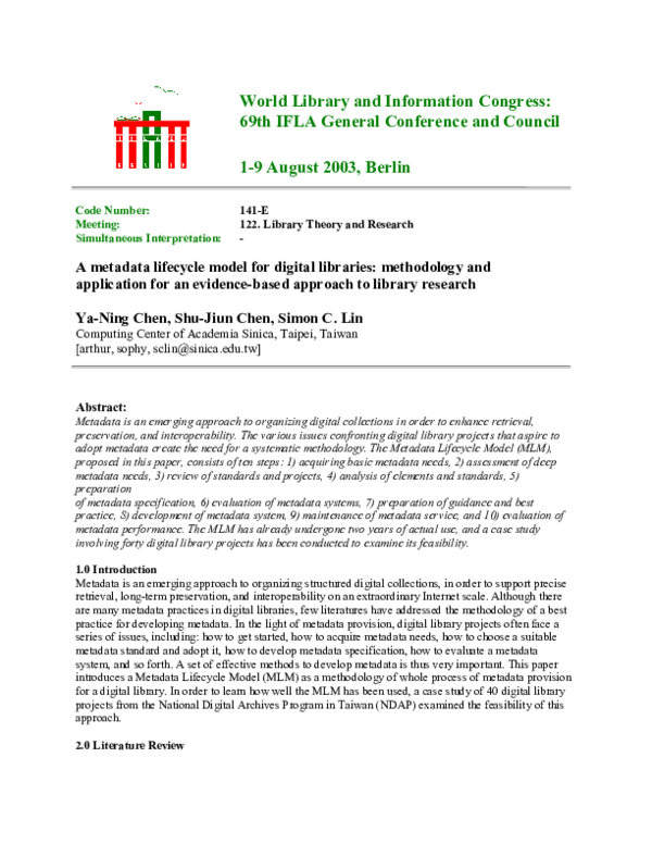 Pdf A Metadata Lifecycle Model For Digital Libraries Methodology And Application For An