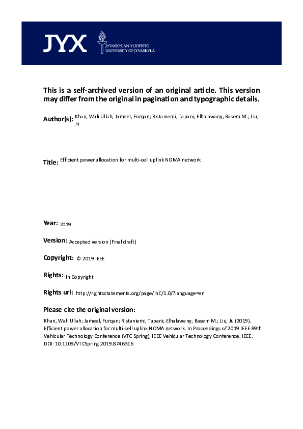 Pdf Efficient Power Allocation For Multi Cell Uplink Noma Network