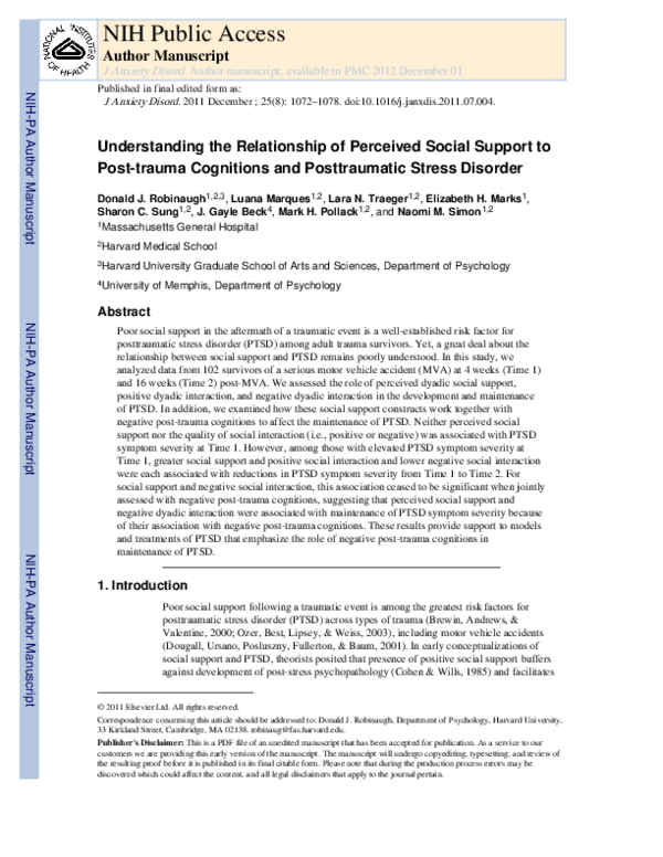 (PDF) Understanding the relationship of perceived social support to post-trauma cognitions and ...