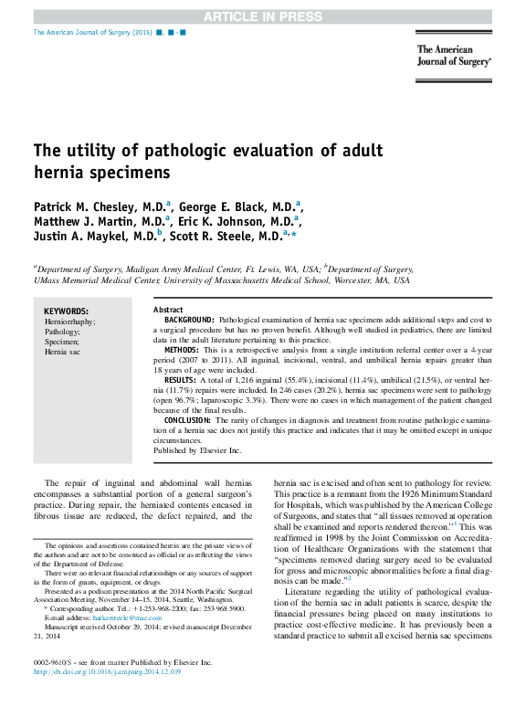 (PDF) The utility of pathologic evaluation of adult hernia specimens