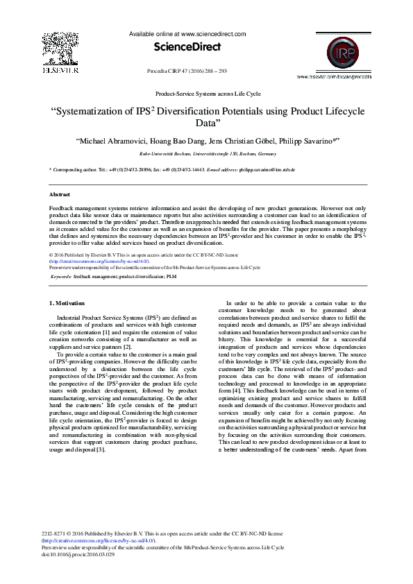 (PDF) Systematization of IPS2 Diversification Potentials Using Product Lifecycle Data | Michael ...