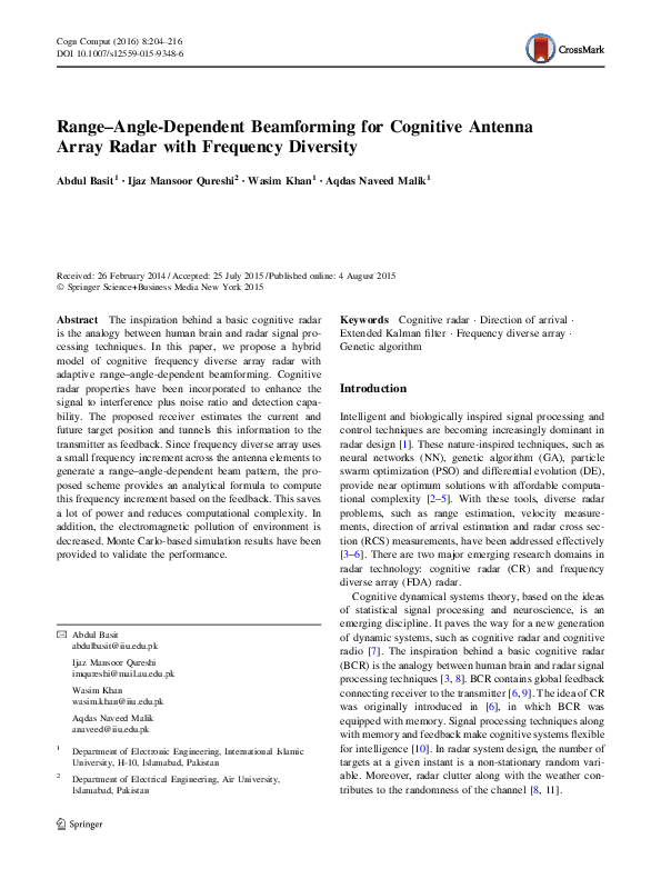 (PDF) Range–Angle-Dependent Beamforming for Cognitive Antenna Array Radar with Frequency Diversity