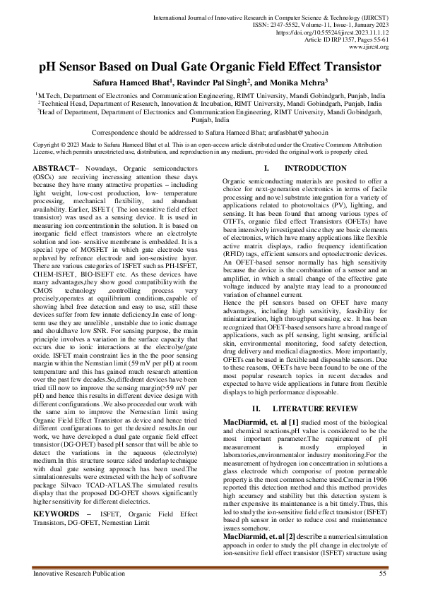(PDF) pH Sensor Based on Dual Gate Organic Field Effect Transistor