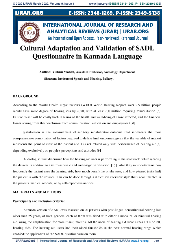 (PDF) Cultural Adaptation and Validation of SADL Questionnaire in Kannada Language