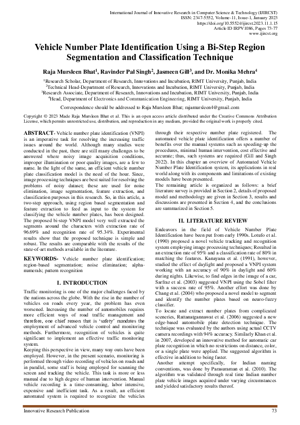 Pdf Vehicle Number Plate Identification Using A Bi Step Region Segmentation And Classification