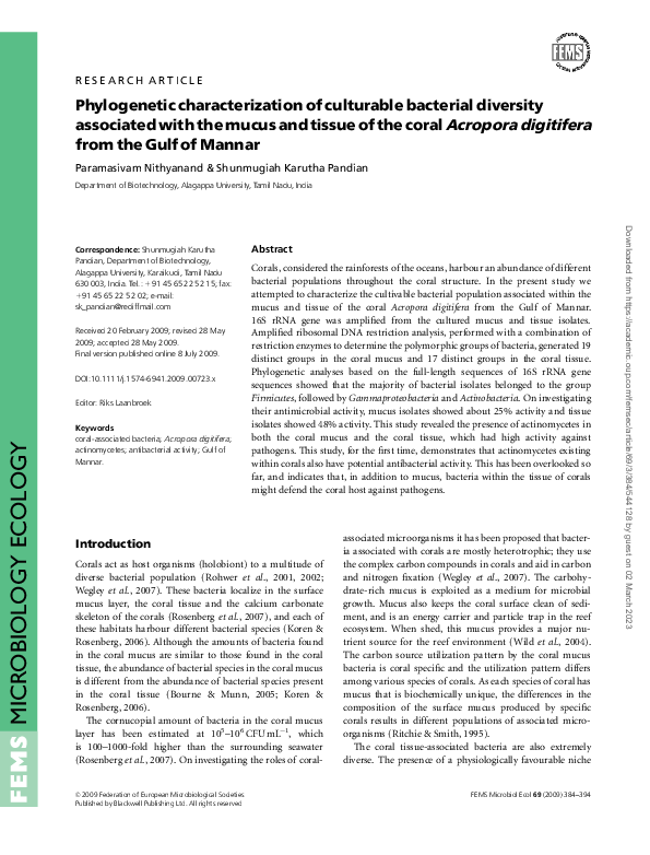 (PDF) Phylogenetic characterization of culturable bacterial diversity associated with the mucus ...
