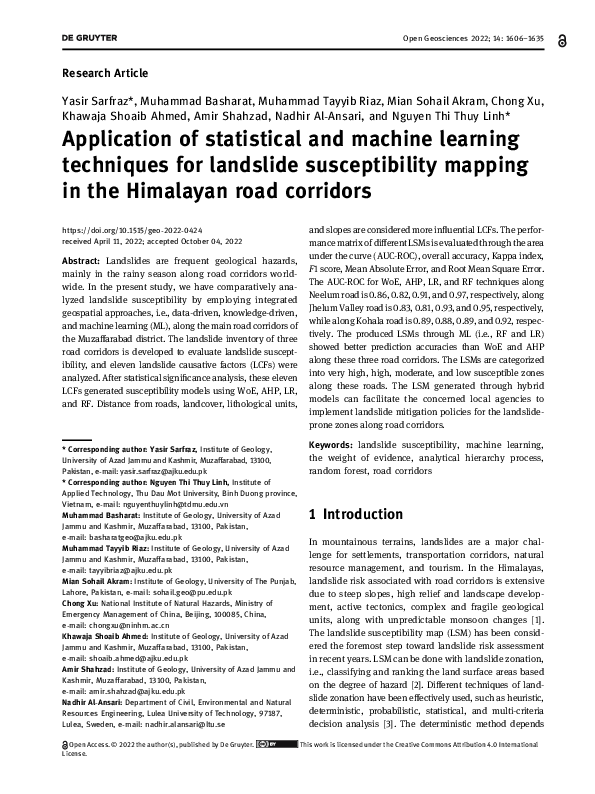 (PDF) Application of statistical and machine learning techniques for landslide susceptibility ...