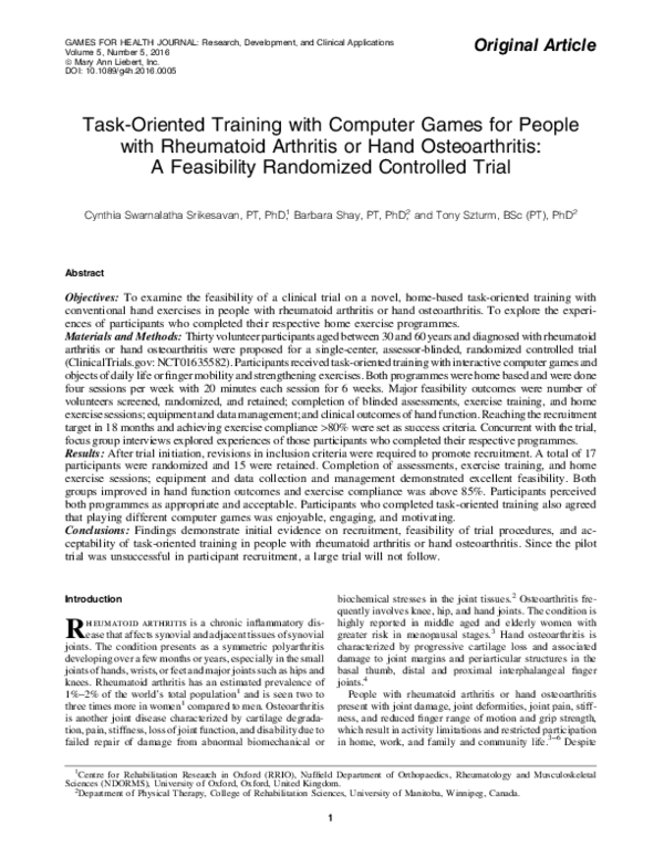 (PDF) Task-Oriented Training with Computer Games for People with Rheumatoid Arthritis or Hand ...