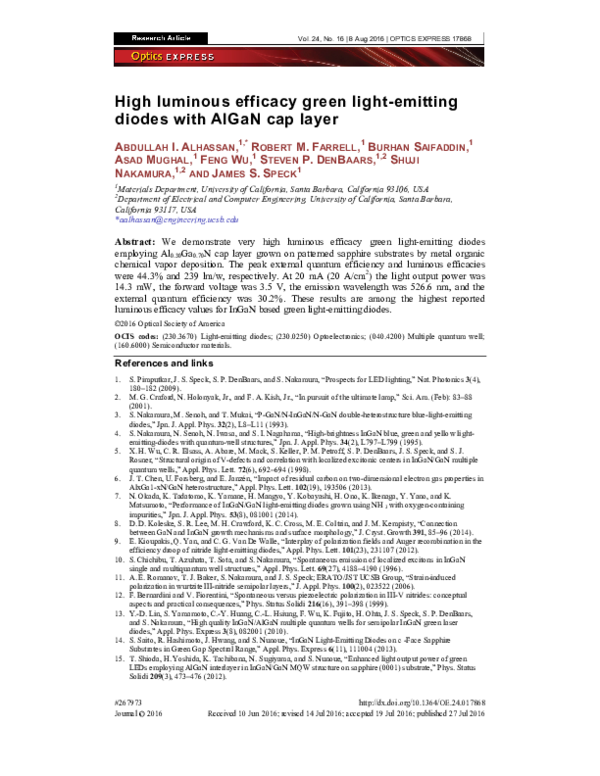(PDF) High luminous efficacy green light-emitting diodes with AlGaN cap layer