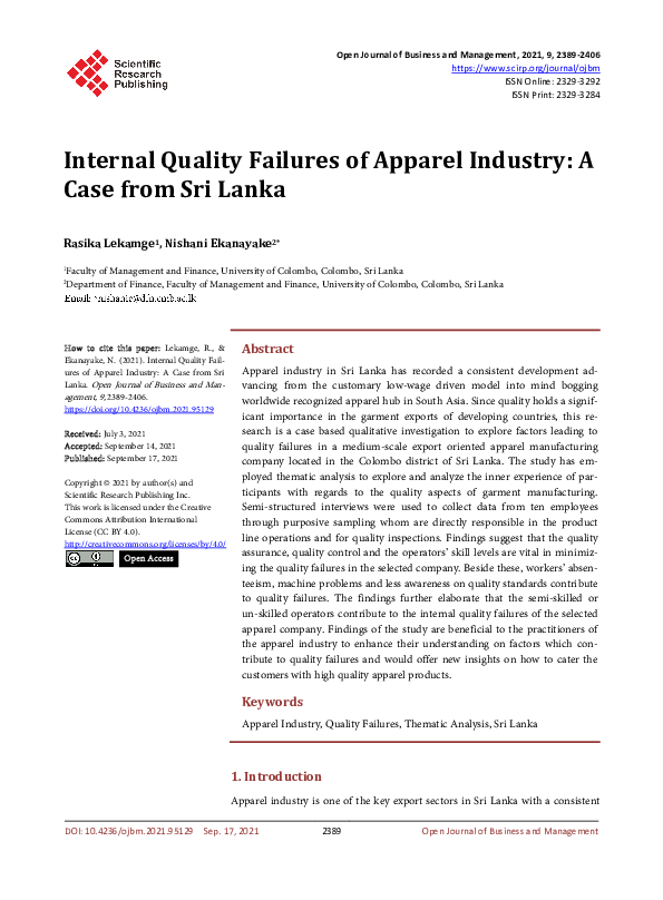 (PDF) Internal Quality Failures of Apparel Industry: A Case from Sri Lanka