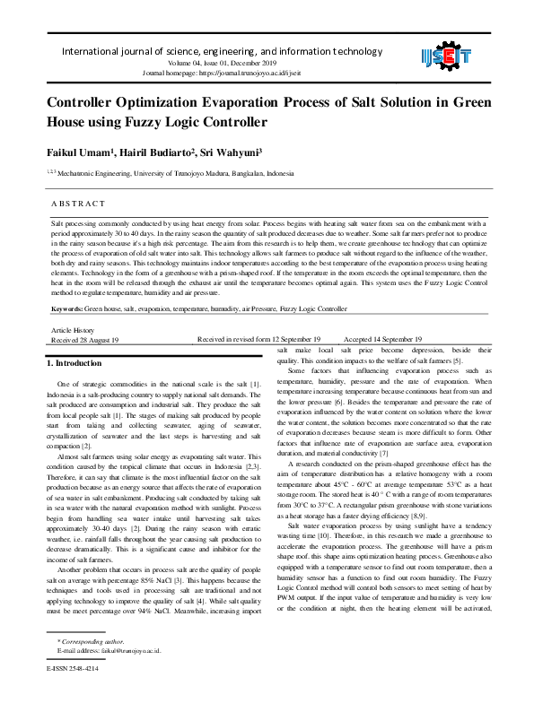 (PDF) Controller Optimization Evaporation Process of Salt Solution in Green House using Fuzzy ...