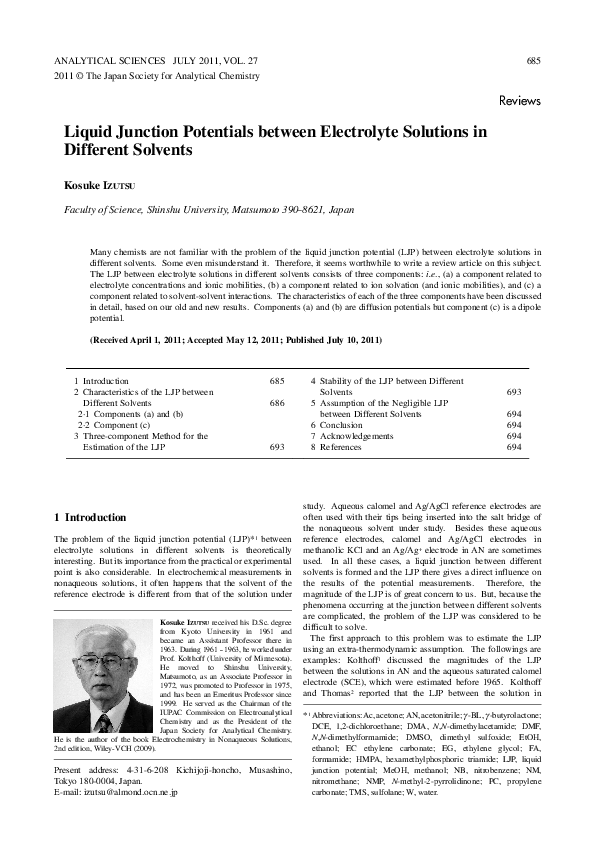 (PDF) Liquid Junction Potentials between Electrolyte Solutions in Different Solvents