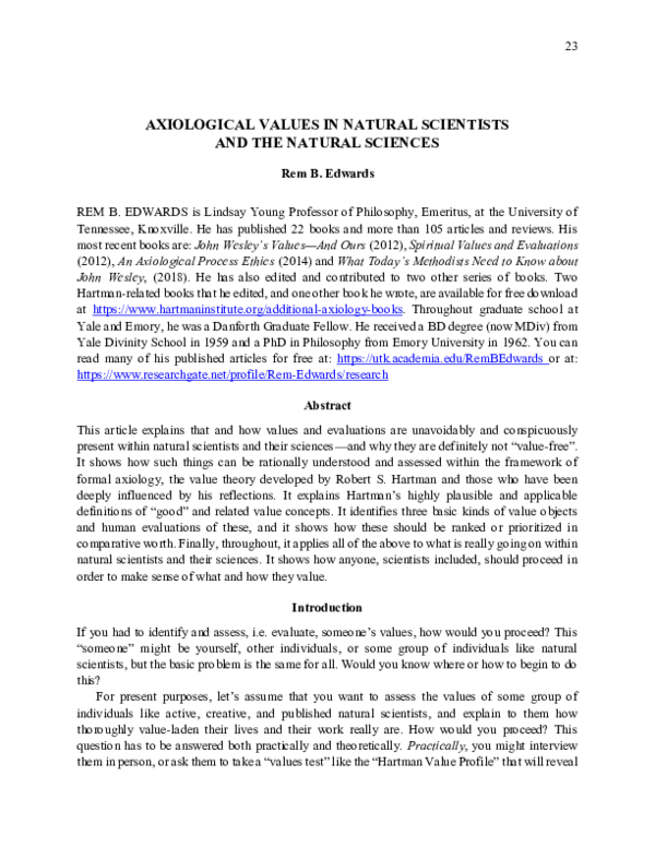 (PDF) AXIOLOGICAL VALUES IN NATURAL SCIENTISTS AND THE NATURAL SCIENCES
