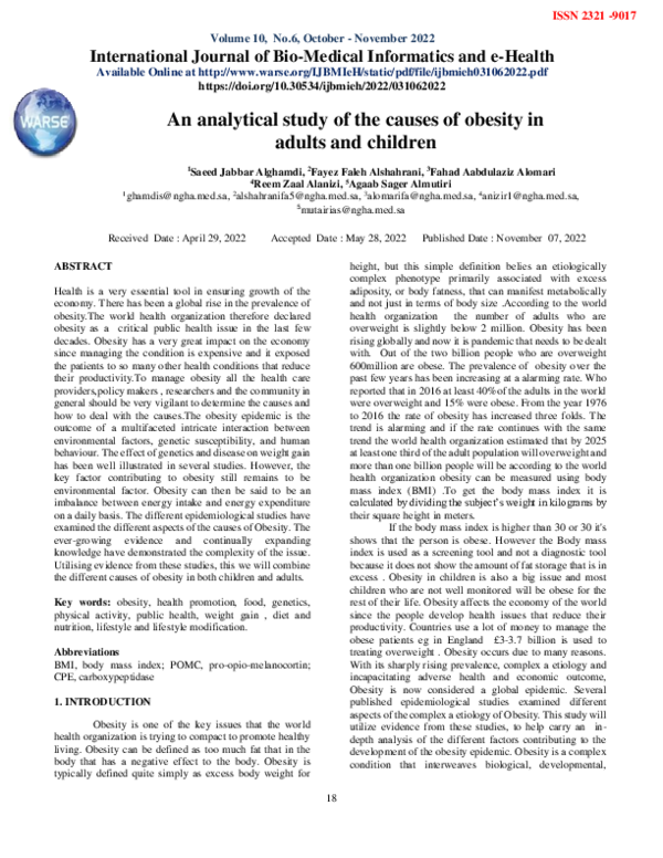(PDF) An analytical study of the causes of obesity in adults and children