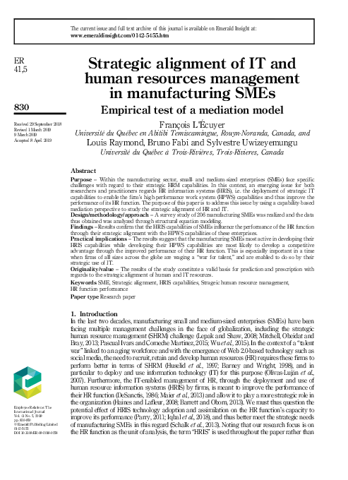 (PDF) Strategic alignment of IT and human resources management in manufacturing SMEs
