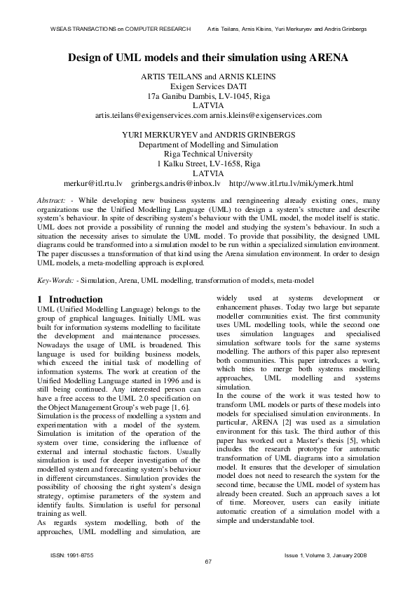 (PDF) Design of UML models and their simulation using ARENA