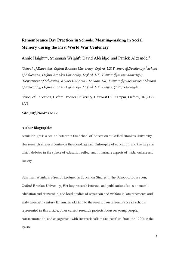 (PDF) Remembrance Day practices in schools: meaning-making in social ...