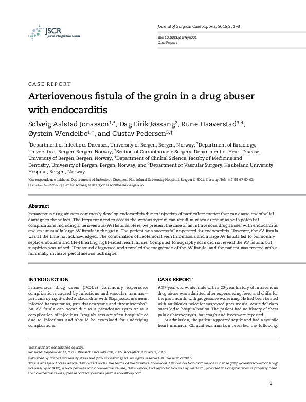 (PDF) Arteriovenous fistula of the groin in a drug abuser with endocarditis