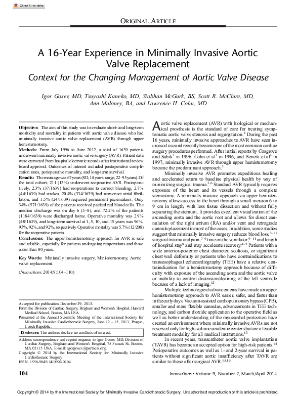 (PDF) A 16-Year Experience in Minimally Invasive Aortic Valve Replacement