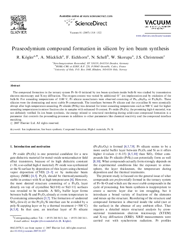 Pdf Praseodymium Compound Formation In Silicon By Ion Beam Synthesis