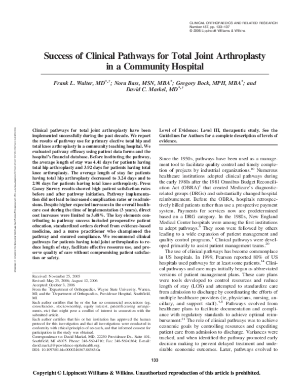 (PDF) Success of Clinical Pathways for Total Joint Arthroplasty in a ...