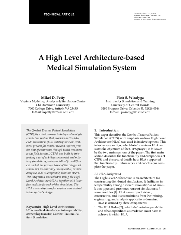 (PDF) A High Level Architecture-based Medical Simulation System