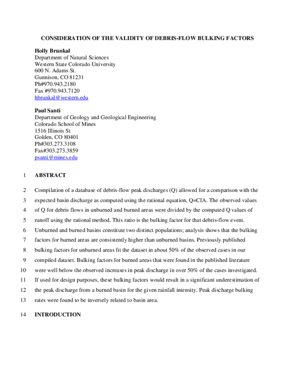(PDF) Consideration of the validity of debris flow bulking factors
