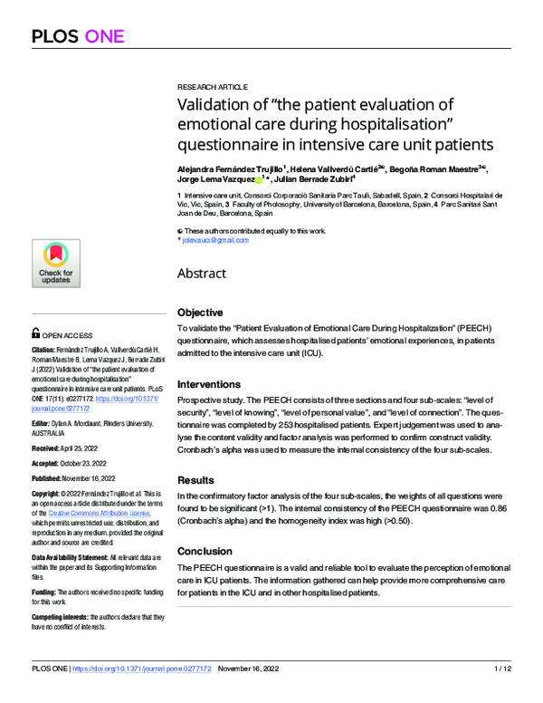 (PDF) Validation of “the patient evaluation of emotional care during ...