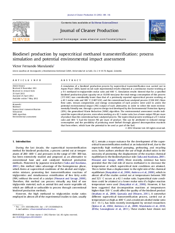 (PDF) Biodiesel production by supercritical methanol ...