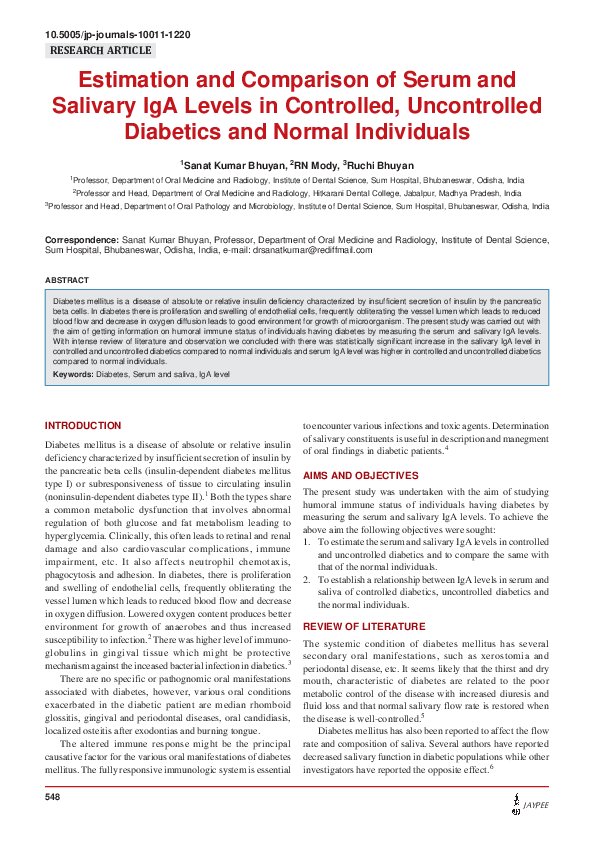 (PDF) Estimation and Comparison of Serum and Salivary IgA Levels in ...