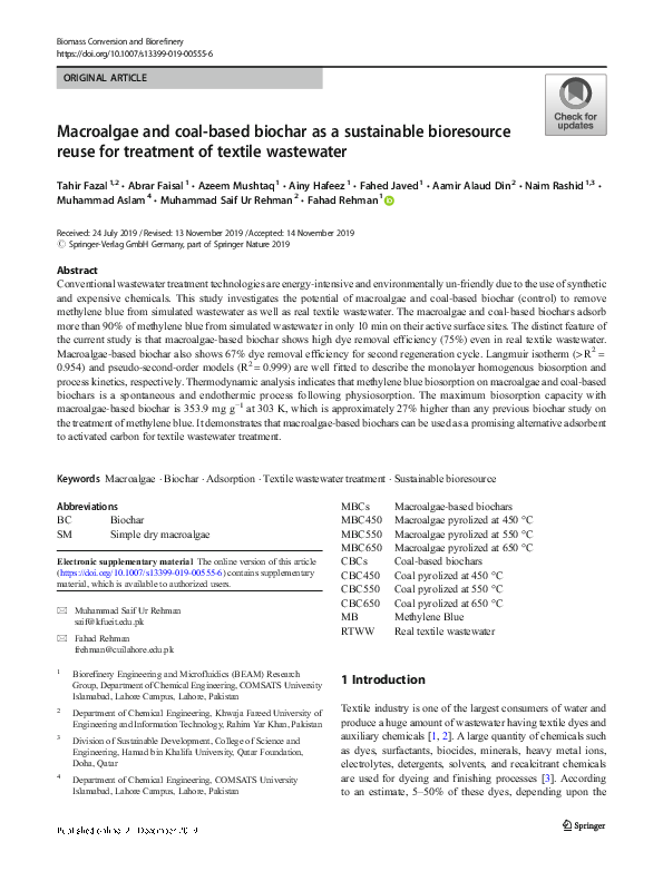 Pdf Macroalgae And Coal Based Biochar As A Sustainable Bioresource Reuse For Treatment Of