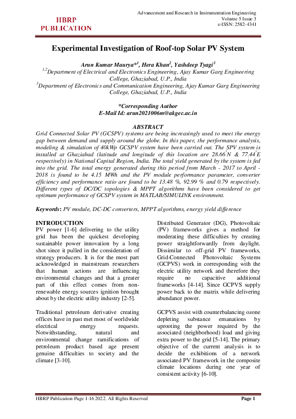(PDF) Experimental Investigation of Roof-top Solar PV System (PDF) Experimental Investigation of Roof-top Solar PV System